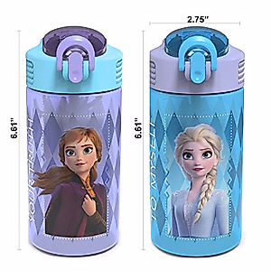 Zak Designs Disney Frozen 2 Kids Water Bottle Set with Reusable Straws and Built in Carrying Loops, Made of Plastic, Leak-Proof Water Bottle Designs (Elsa & Anna, 16 oz, BPA-Free, 2pc Set)