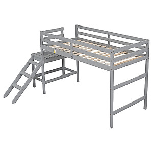 CITYLIGHT Twin Loft Bed with Platform and Ladder, Wood Low Loft Bed for Kids, Junior Loft Bed Twin with Spacious Underneath Space for Children Girls Boys Bedroom,No Box Spring Needed, Grey