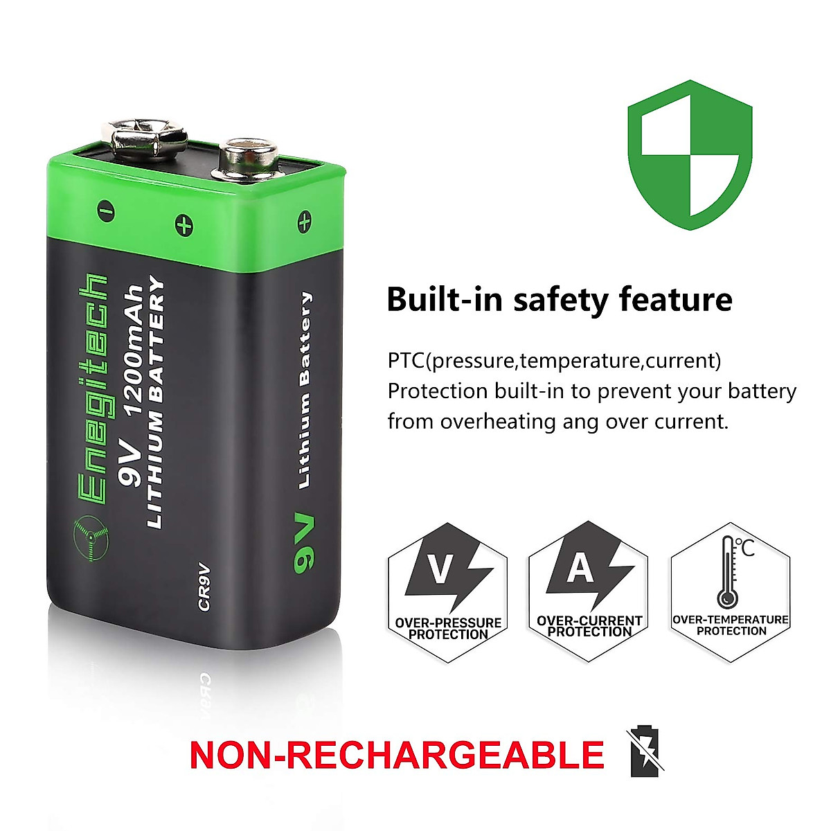 Enegitech 9V Lithium Battery, 9 Volt Lithium Battery 1200mAh for Smoke Detector, Fire Alarm, Keyless Entry Door Lock, Multimeter, Metal Detector Non-Rechargeable 4 Pack