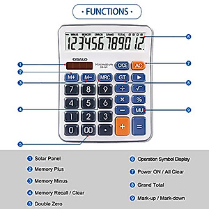 Desktop Calculator Large LCD Display 12 Digit Number Handheld Portable Pocket Basic Calculator with Big Soft Sensitive Button, Battery and Solar Powered, for Office Home School Use(OS-6M)