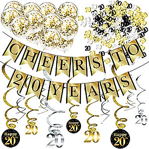 20th Birthday and Anniversary Decorations Party Pack - Cheers to 20 Years Banner, Balloons, Swirls and Confetti Party Supplies