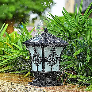 Led Outdoor Solar Post Lamps Industrial Metal Aluminum Column Lights Warm/White Light Adjustable Garden Street Home Pillar Lights(Color:Black,Size:S)