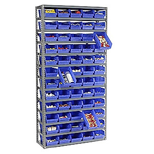 Global Industrial 13 Shelf Steel Shelving with (60) 4" H Plastic Shelf Bins, Blue, 36x12x72