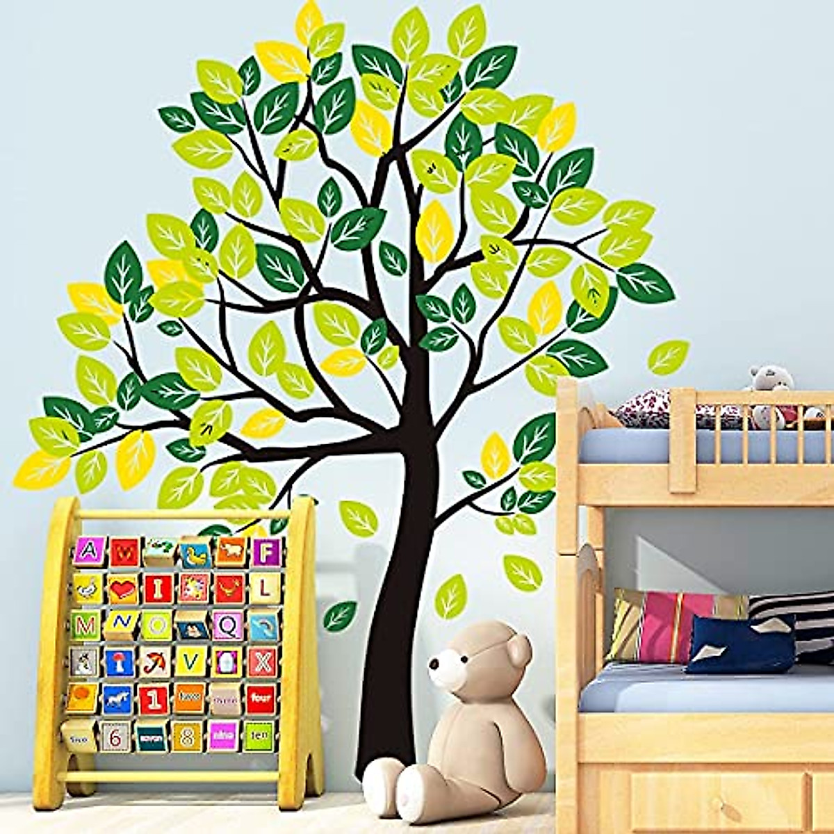RW-2882 Giant Green Tree Wall Decals Big Tree Branches Leaf Wall Stickers DIY Removable Large Leaves Family Phote Art Wallpaper Decor for Kids Women Bedroom Living Room Nursery Office Home Decoration