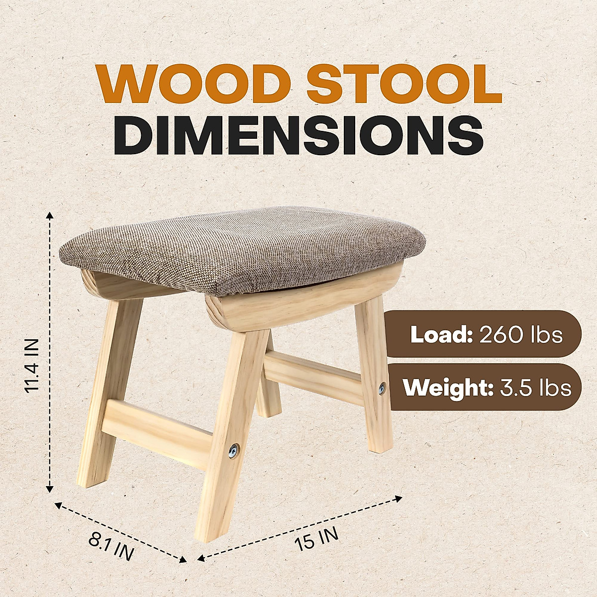 Small Foot Stool, Ottoman Foot Rest for Home Office, Living Room, Bedrooms and Kitchen Solid Wood Frame, Low Foot Stool Under Desk (Low Children's Stool and Ottoman Vanity Stool) 15" - 10.3" - 11.4"