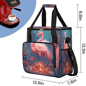 cfpolar Cute Pink Flamingo Flowers Coffee Maker Carrying Bag Case, Waterproof Coffee Maker Travel Storage Bag, Portable Coffee Machine Case Organizer Tote Bag, for Single Serve Coffee Maker