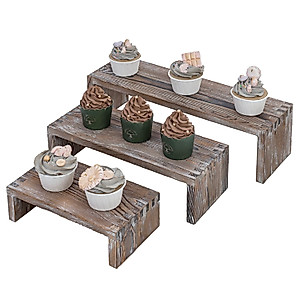 MyGift Rustic Brown Wood 3-Tier Collectibles Figurine Display Risers, Dessert Showcase Stands, Set of 3