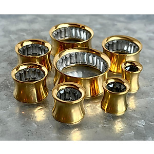 Lobal Domination PAIR of Inner Clear Square Gems & Gold Ion Plated Steel Saddle Tunnels Double Flare Plugs Gauges (7/8" (22mm))