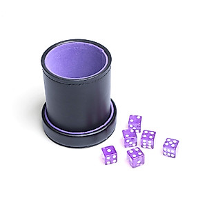 PU Leather Dice Cup with Lid/ Cap, Felt-Lined Dice Shaker Includes 6 Six-Sided Dice for Liars Dice/ Farkle/ Yahtzee/ Board Games