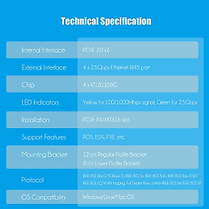 GLOTRENDS LE8245F 4-Port PCIe Ethernet Network Card (2 Port 2.5Gbps + 2 Port 100/1000Mbps), 4 x RJ45 LAN Port, PCIe X4 Installation