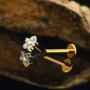 Jewseen 14K Gold Top Push in Threadless CZ Flower Flat Back Stud Opal Cartilage Earring Nose Stud Lip Ring Threadless Earring Helix Stud Tragus Piercing Jewelry for Women Men