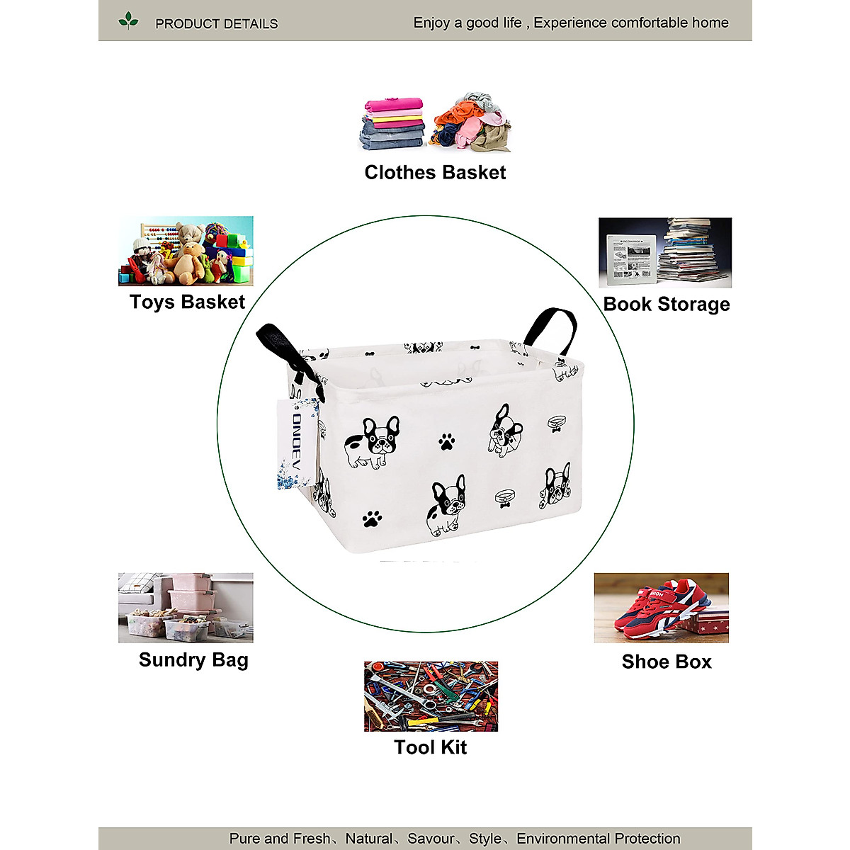 ONOEV Rectangular Fabric storage box, decorative basket and finishing basket with handle are used for the storage of clothes, books and sundries (Bulldog) 14.9’’L ×10.2’’W×9.05’’H inches