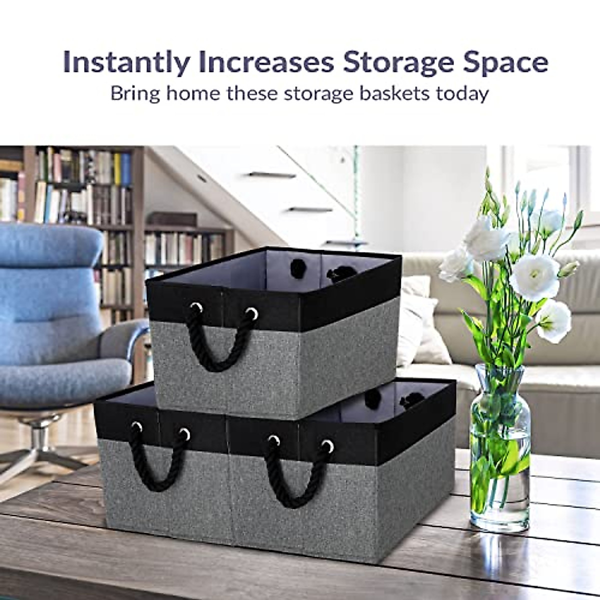 SAM AND MABEL Large Fabric Storage Baskets for Organizing - 16.5"(L) x 11.8"(W) x 9.8"(H) Pack of 3 Toy Organizers and Storage Bins, Collapsible Storage Bins for Shelves (Warm Black and Gray)