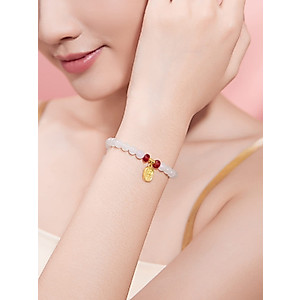 ZHOU LIU FU 24K Solid Gold Bracelets, Real Pure Gold Jewelry White Nephrite Jade Beaded Bracelets Dainty Gold Fortune Plate for Women Men Teen Girls