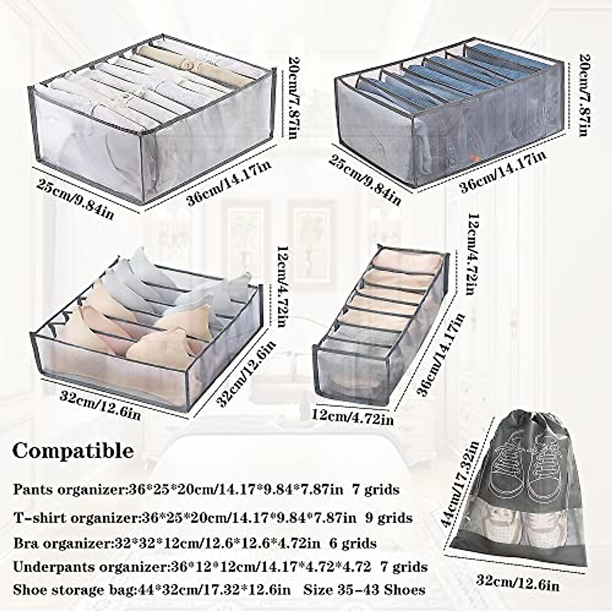 LRIFUE Drawer Organizers for Clothing, Mesh Underwear Drawer Organizer Clothes with Shoe Storage, 4PCS Wardrobe Clothes Organizer Underwear Bra Sock Organizer Halloween Bags for Women