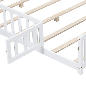 Bellemave Floor Bed Full Size Montessori Bed Frame with Fence and Door, Wooden Full Platform Bed for Kids, Boys Girls, Solid Wood Full Bed, No Box Spring Needed (White)