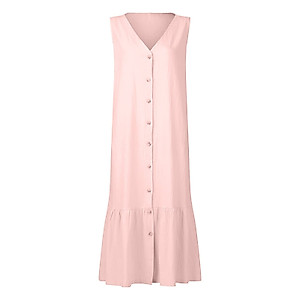 Women Summer Cotton Linen Dress Sleeveless Button Up V-Neck Loose Long Dress with Pockets Vacation Long Dress