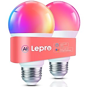 Lepro B1 AI Smart Light Bulbs - WiFi & Bluetooth RGBWW Color Changing LED Bulb Compatible with Alexa & Google Assistant, AI Generated Lighting LLM, AI Voice Control, Music Sync, 2.4GHz Only, 2 Packs