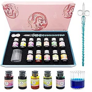 ASXMA Calligraphy Dip Pen Set - 12 Colorful Inks, Glass Pen Holder, Glass, Crystal Pen for Art, Writing, Drawing, Signatures, Decoration,Holiday Gift Set Calligraphy Beginners