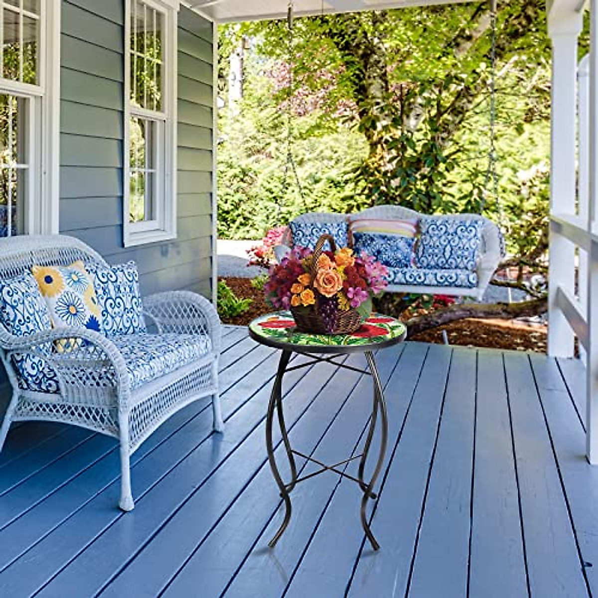 MUMTOP Outdoor Side Table - Small Mosaic Patio Table, Poppy 14” Accent Round Side Table Glass Plant Stand for Garden Patio Living Room