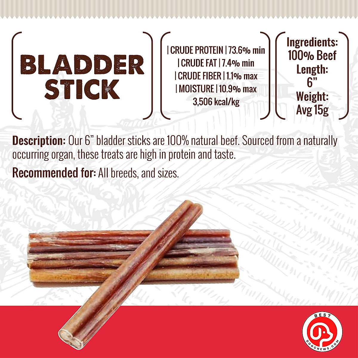 Best Dog Chews Beef Bladder Sticks 100% Naturally Delicious Dog Treat for All Breed Sizes Dogs and Puppies Single Ingredient - Best Long Lasting Dog Chew Dental Treats-Rawhide Free 6 inch (12 Count)