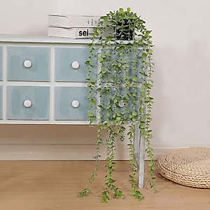 Asano Season Fake Plants Artificial Eucalyptus with Hanging Plant Hanger 2.6 FT Faux Greenery Vine Potted Plants in Black Pot and Cotton Rope for Boho Home Green House Garden Indoor Bedroom Décor