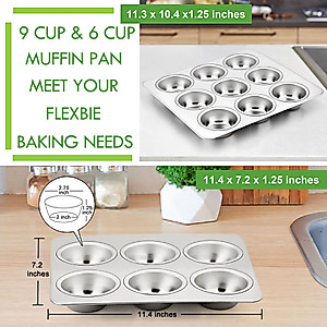 Herogo 2 Pack Stainless Steel Muffin Pan Tin for Baking, 6-Cup and 9-Cup Metal Nonstick Cupcake Molds Tray Set for Making Egg Muffin, Easy to Clean & Quick Release, Oven & Dishwasher Safe