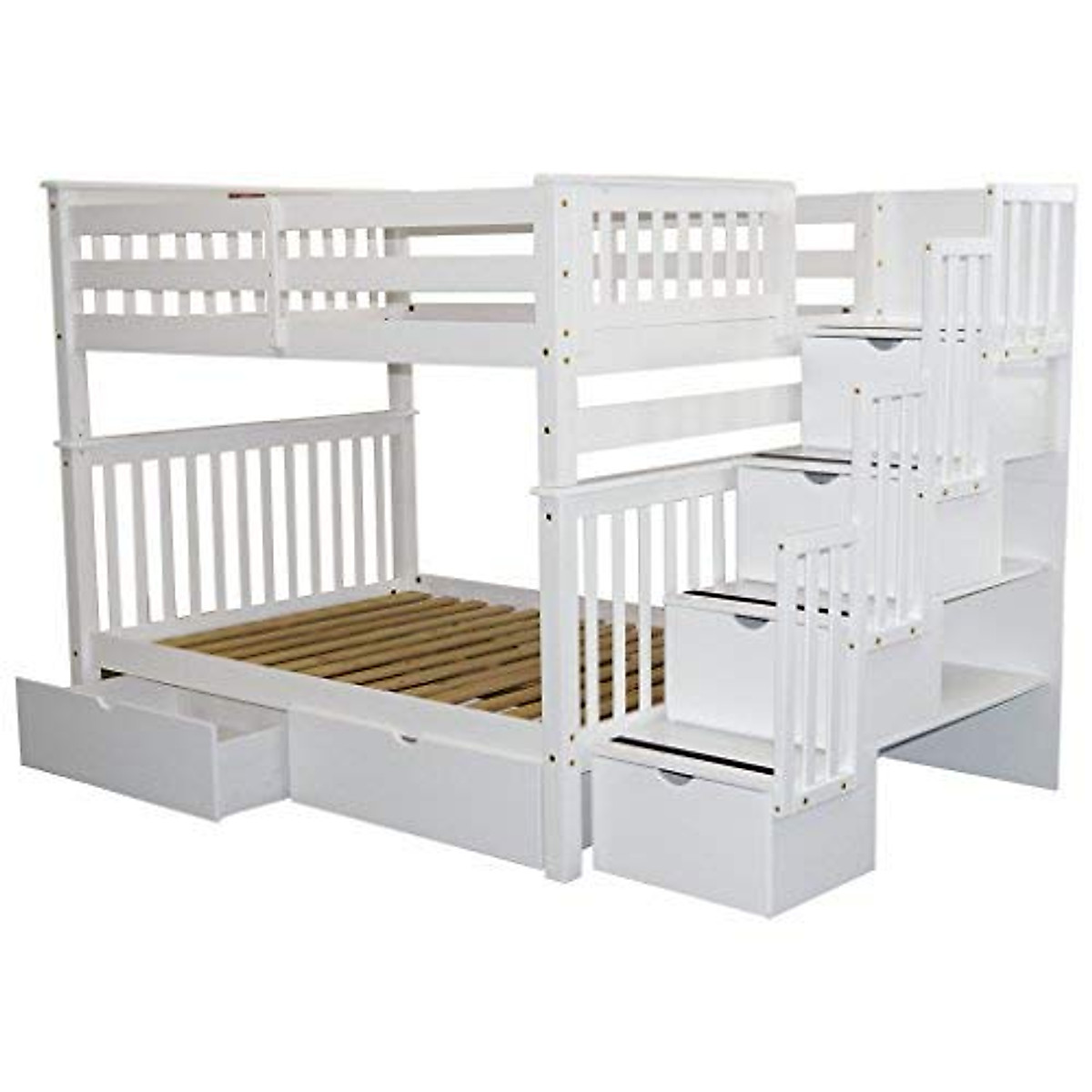 Bedz King Stairway Bunk Beds Full over Full with 4 Drawers in the Steps and 2 Under Bed Drawers, White