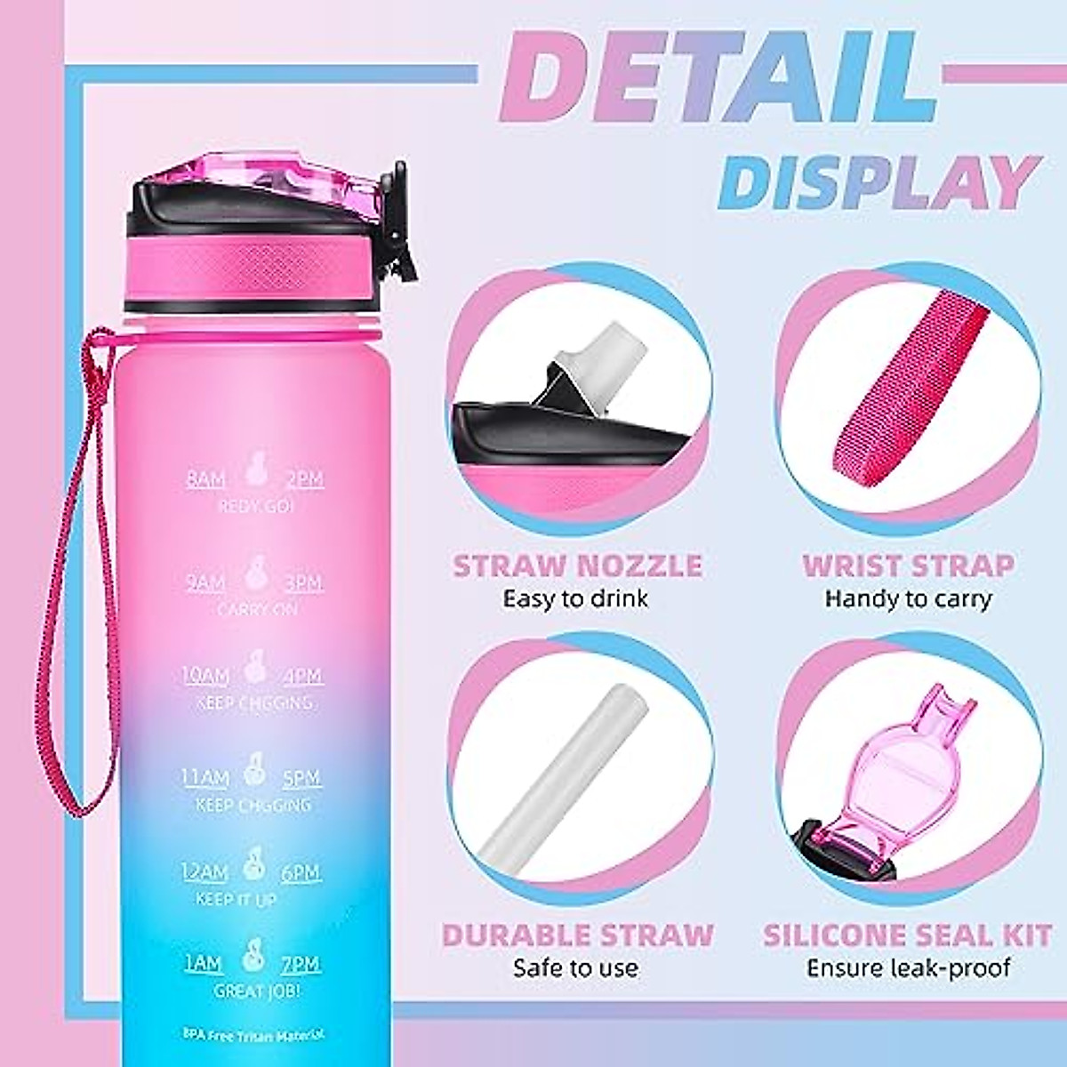 West Biking 32 oz Water Bottle with Time Marker and Straw, Motivational Water Bottles with Clean Brush, Leakproof & BPA Free, Drinking Sports Water Bottle for Fitness Gym Outdoor