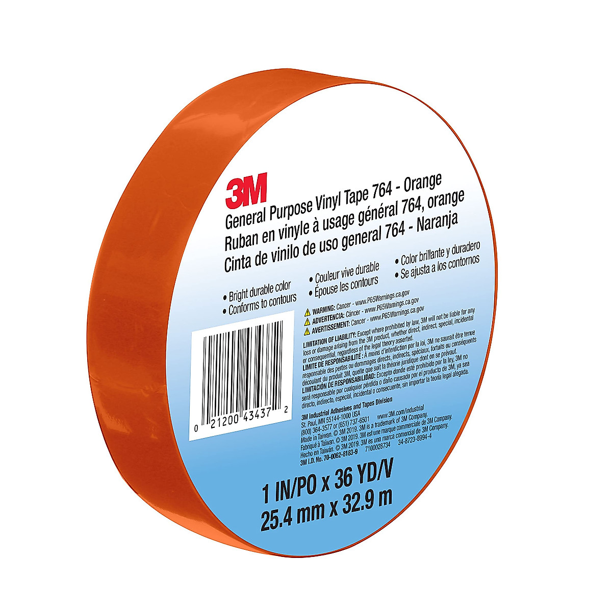 3M Vinyl Tape 764, General Purpose, 1 in x 36 yd, Orange, 1 Roll, Light Traffic Floor Marking Tape, Social Distancing, Color Coding, Safety, Bundling