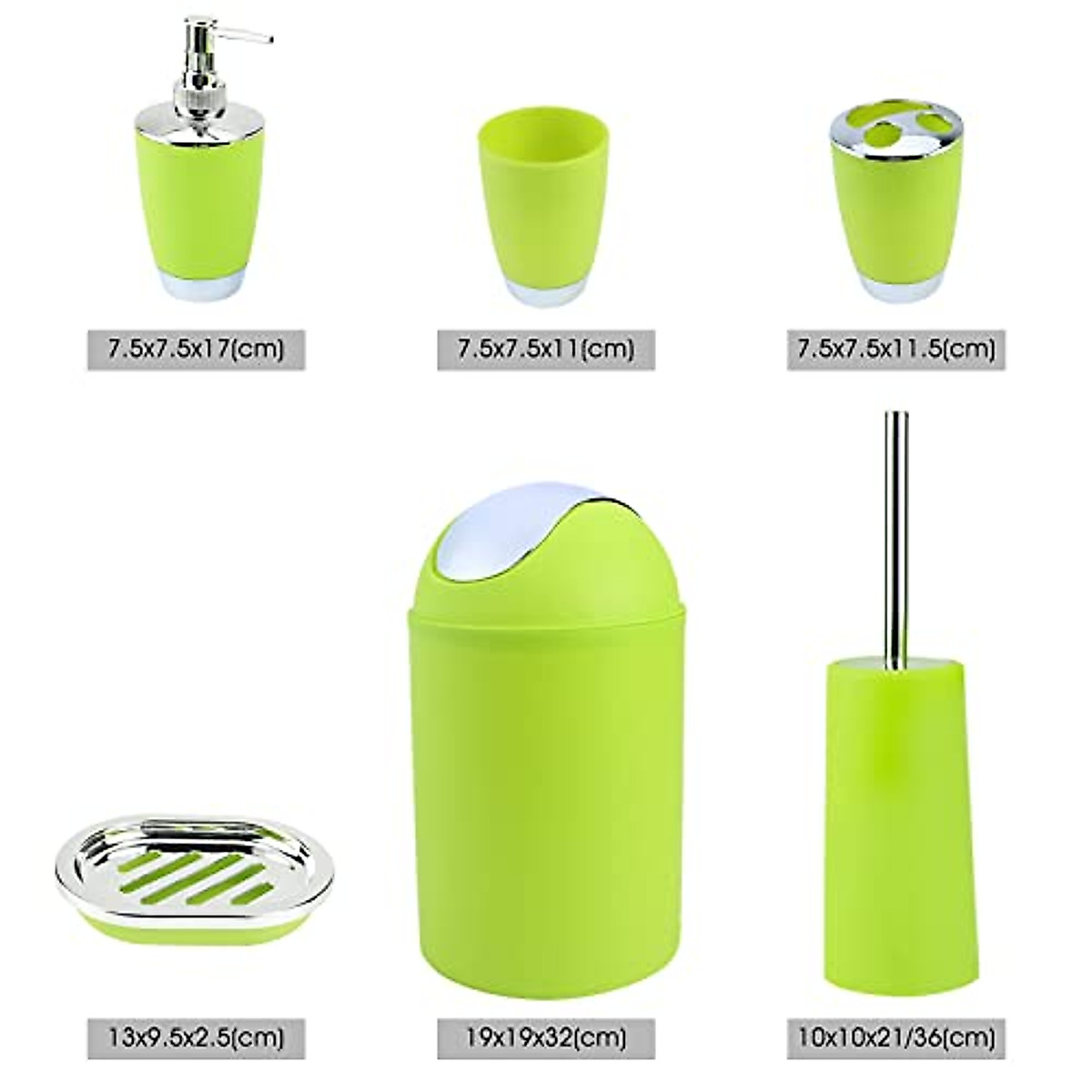 6 Piece Bathroom Accessories Set, Plastic Bath Ensemble Bath Set Lotion Bottles Toothbrush Holder Tooth Mug Soap Dish Toilet Brush Trash Can Decorative Bath Accessory Kit, Green