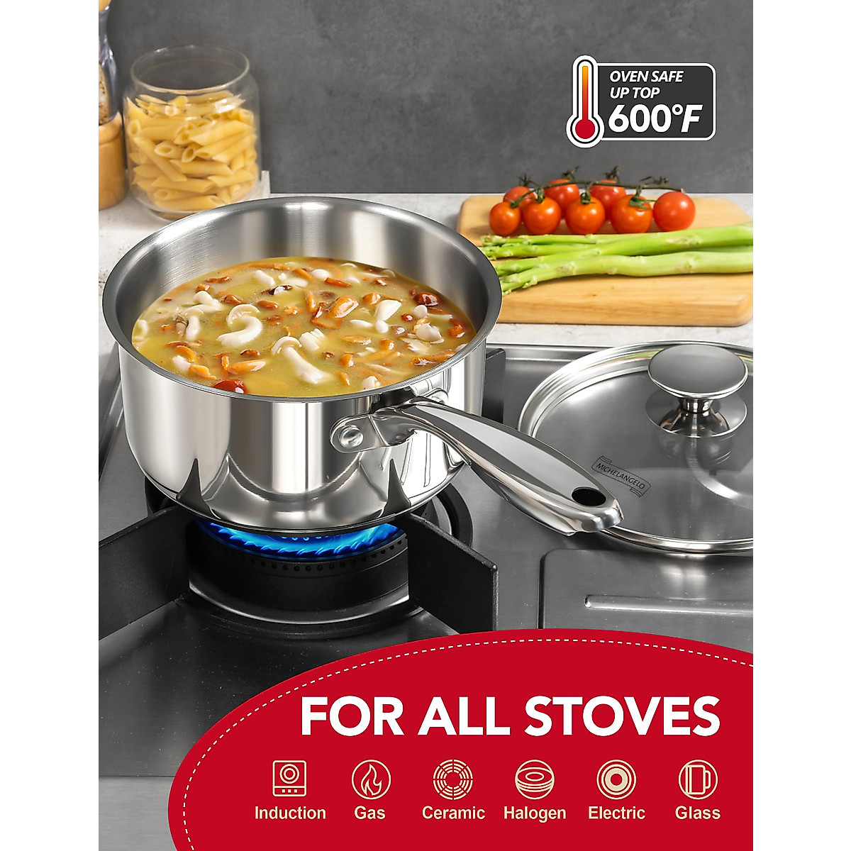 MICHELANGELO Stainless Steel Sauce Pan Set - 1, 2, 3 Qt Saucepans with Lids, Small Stainless Steel Pots for Cooking, Induction Compatible, Dishwasher & Oven Safe