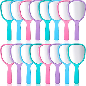 16 Pieces Hand Handheld Mirror with Handle Plastic Travel Makeup Handheld Cosmetic Mirror, Portable Vanity Mirror for Travel, Camping, Home, 3.15 Inch Wide, 7.09 Inch Long（Blue, Green, Pink, Purple