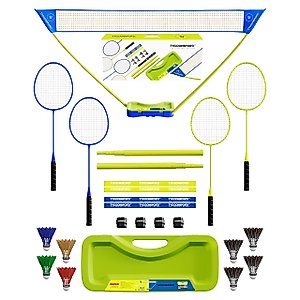 Complete Badminton Set | Portable Badminton Net with Stand 10 x 5 | 4 Badminton Rackets | 4 Over-Grips | 4 Racket Protectors | 8 Badminton Birdies (4 LED & 4 Goose-Feather) | 1 Hard Carry Case