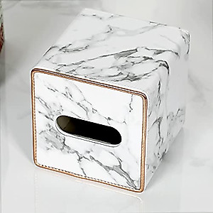 GOLRANLYE Tissue Box Cover Square PU Leather Facial Tissue Box Holder for Dresser Bathroom Decor (White Marble Pattern)