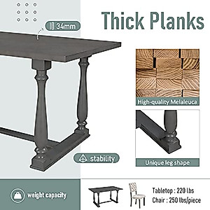 Woanke Piece Wooden Table Set with Upholstered Bench and 4 Dining Chairs, Special-Shaped Legs Seat Backs& Beige Cushions, Gray Foam-Covered 6 Pcs