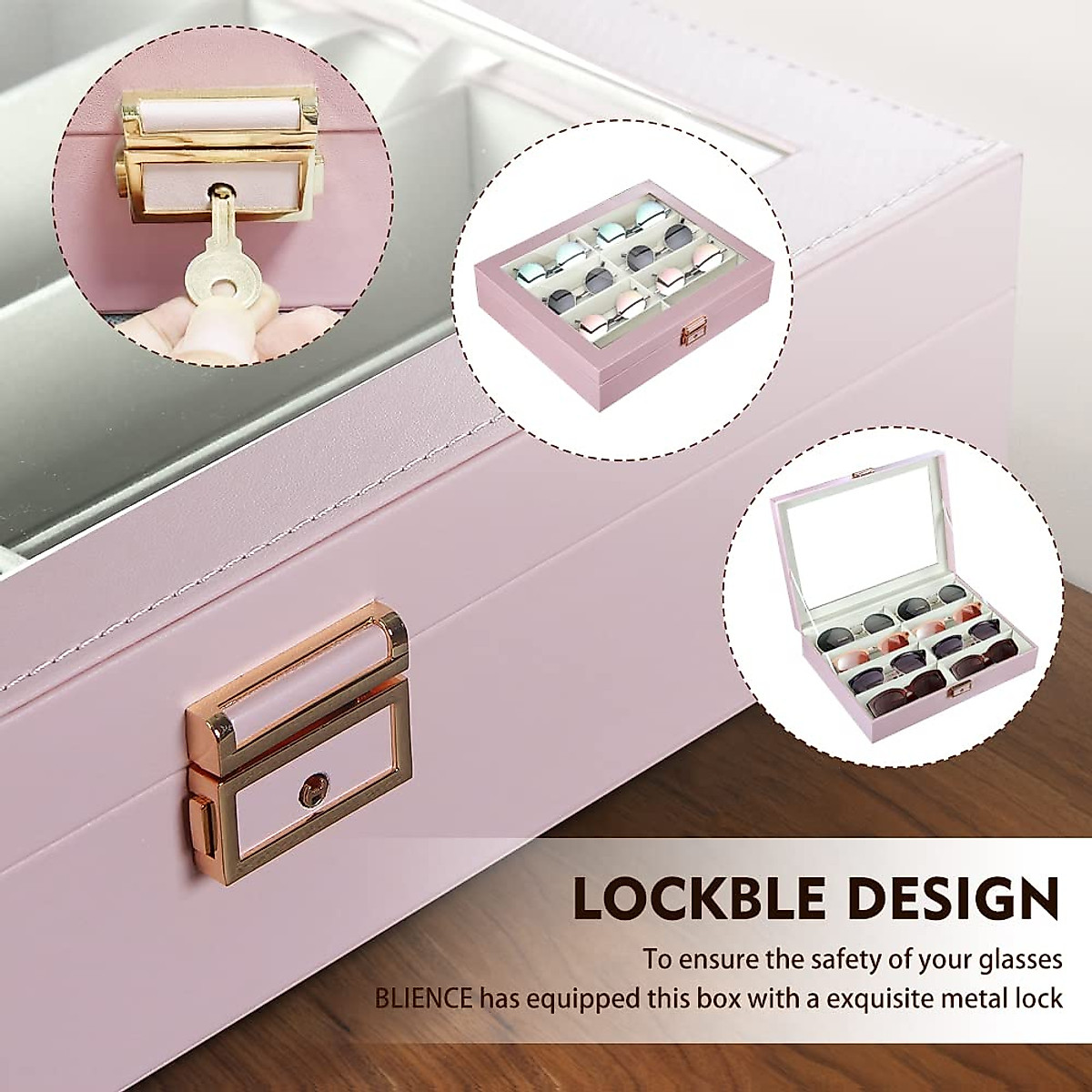 BLIENCE Sunglasses Organizer for Women, 8 Slot PU Leather Sunglasses Storage Case, Sweet Pink Eyeglasses Eyewear Display Case, Jewelry, Watch, Sunglasses Glasses Collector Box,Lockable and Clear Top
