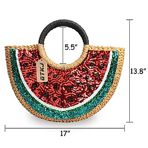 Semi-circle Rattan Straw Handbags, Hand-woven Summer Watermelon Beach Straw Bag with Sequin for Women