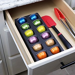 Polar Whale Coffee Espresso Capsule Drawer Organizer Tray Insert Compatible with Nespresso Vertuo VertuoLine for Kitchen Home Office Waterproof Washable Black Foam 12 Compartment 5.5 X 11.75 Inches
