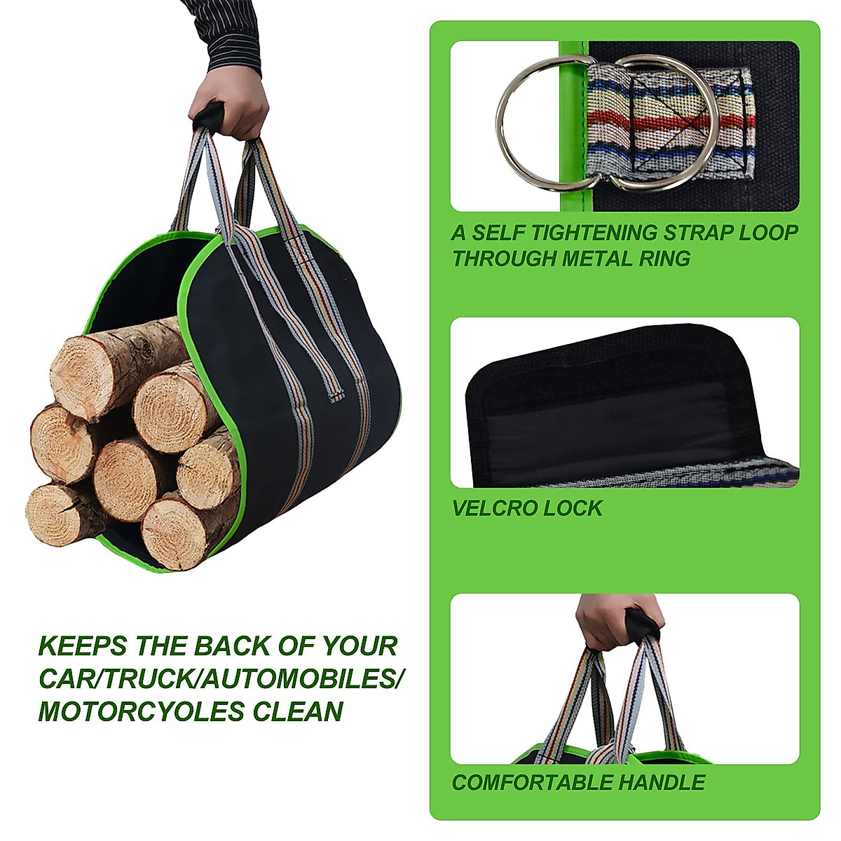 Sharellon Log Firewood Carrier Bag, Heavy Duty Wood Log Carrier Bag, Durable Canvas Log Carrier Tote Bag, Fireplace Wood Stove Accessories for Carrying Wood at Home or Camping