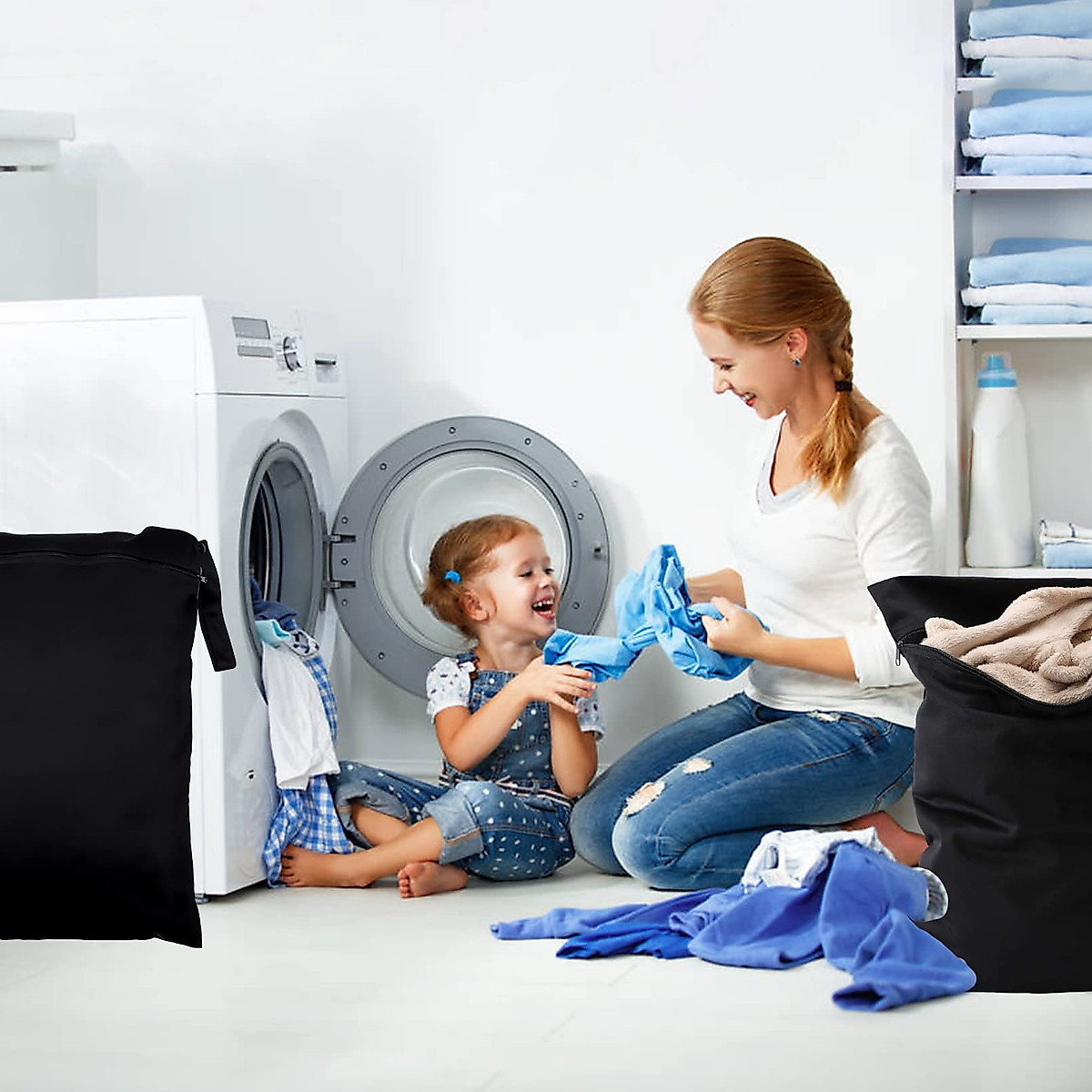 2 Pack Travel Laundry Bag,Large Wet Dry Bags,Waterproof Gym Laundry Bag,Washable Wet Bag for Swimsuit,Reusable Dirty Clothes Bag Swimsuit Bag with Handle for Gym Beach Wet Clothes Swimming Yoga,Black