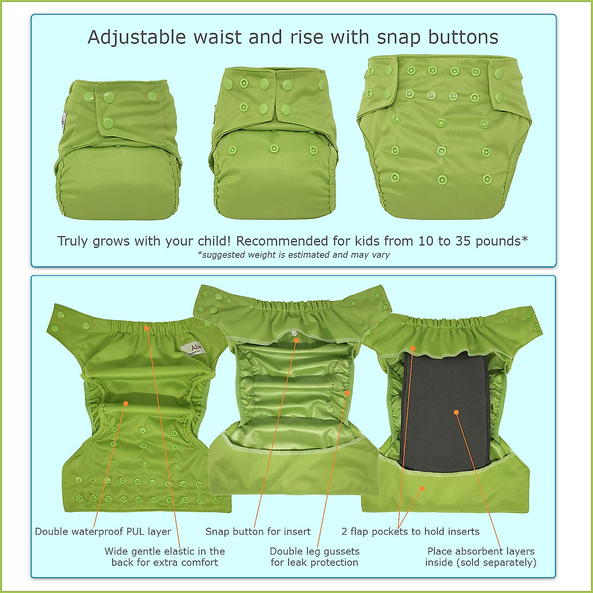 Reusable Waterproof Diaper Cover Shell: for Baby Prefold Cloth Diapers, Flats, Fitted or Inserts (Whale)