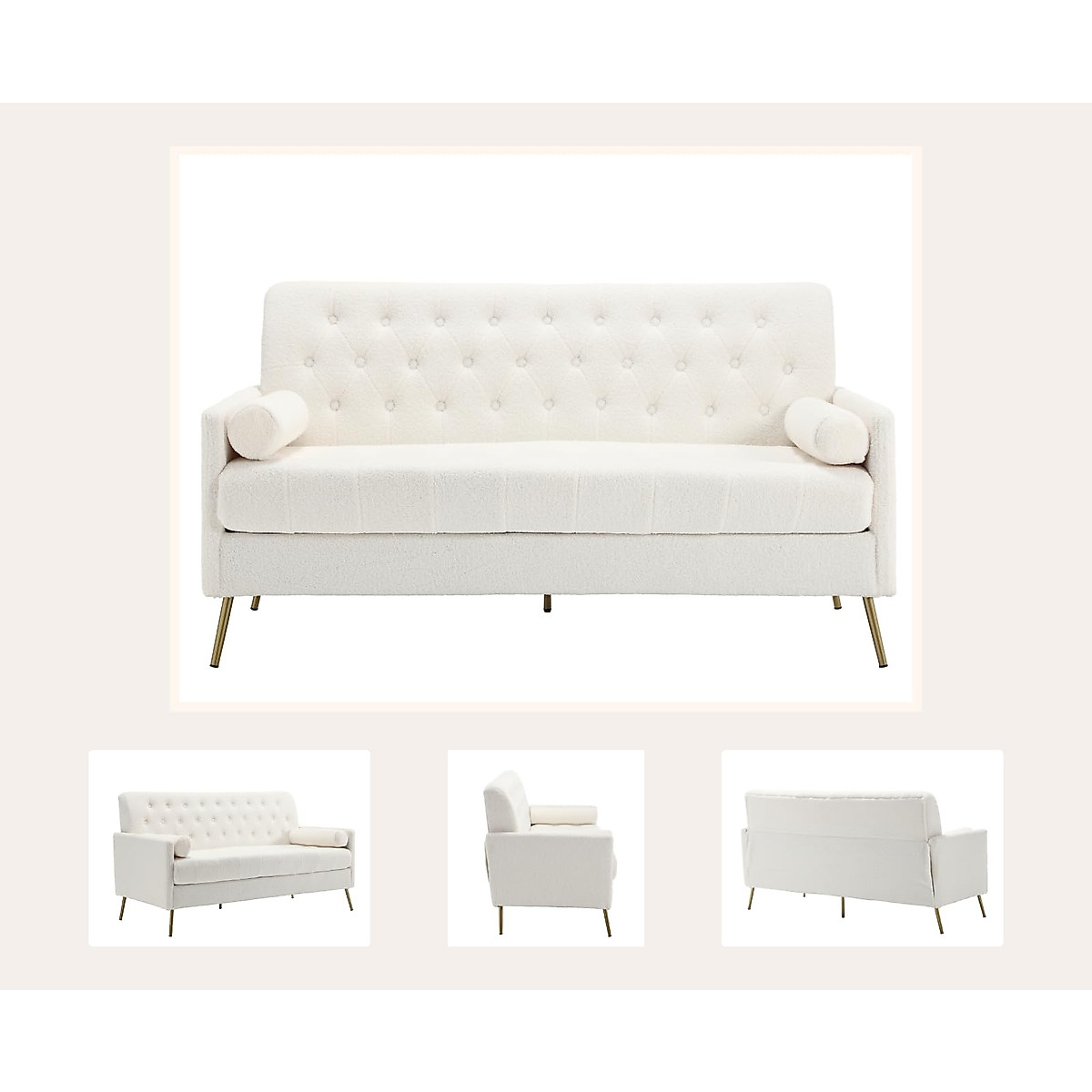 Guyou 60'' Loveseat Sofa Couch, White Sherpa Upholstered 2-Seat Love Sofa Chair with Arms for Living Room Tufted Small Couch Sofa with Removable Cushion and Gold Legs