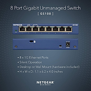 NETGEAR 8-Port Gigabit Ethernet Unmanaged Switch (GS108) - Desktop or Wall Mount, and Limited Lifetime Protection