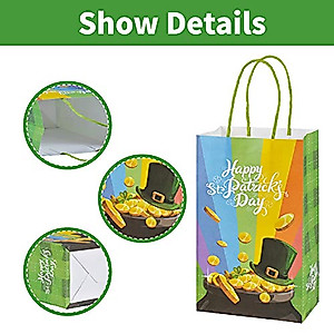 Gatherfun Saint Patrick’s Day Gift Bag Lucky Green Shamrock Rainbow Paper Gift Bag with Handle for Green Irish Party Decorations, 24PCS