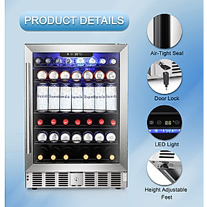 Antarctic Star 5.1 Cu.Ft Beverage Refrigerator,166 Can Wine Cooler,Low Noise,Transparent Glass Door, Efficient Cooling System with Safety Lock, for Home, Bar, Office, 24 Inch, Stainless Steel Silver