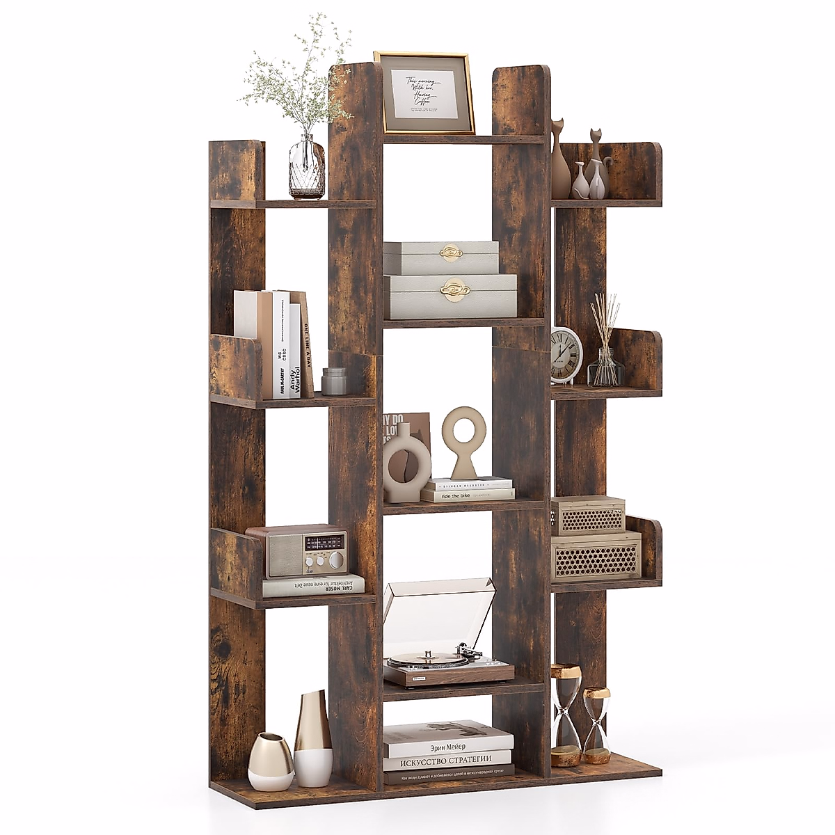 Giantex 7-Cube Tree Bookshelf, 55.5" Wooden Bookcase with 13 Open Shelves, Tall Corner Books Storage Organizer, Freestanding Decorative Display Cube Shelf for Living Room, Study (Rustic Brown)
