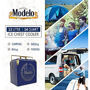 Modelo Retro Ice Chest Cooler with Bottle Opener 13L (14 qt), 18 Can Capacity, Blue and Gold, Vintage Style Ice Bucket for Camping, Beach, Picnic, RV, BBQs, Tailgating, Fishing