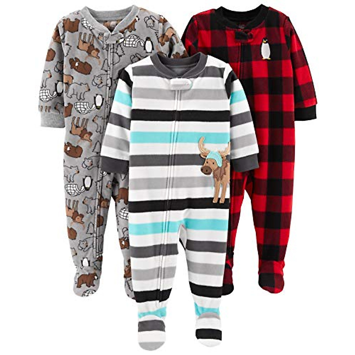 Simple Joys by Carter's Boys' 3-Pack Loose Fit Flame Resistant Fleece Footed Pajamas, Buffalo Check/Polar Bear/Stripe, 2T