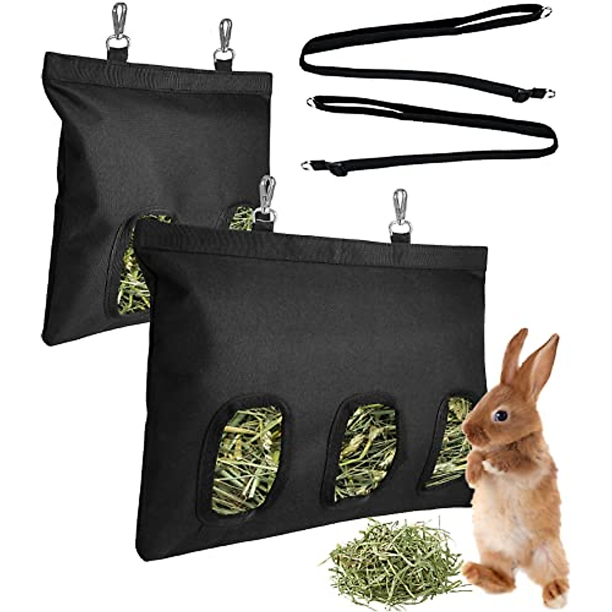 Rabbit Hay Feeder Bag, Hay Holder Storage for Rabbit Guinea Pig Bunny, Light Black Hanging Feeding Hay 600D Oxford Cloth Fabric 2 Pcs